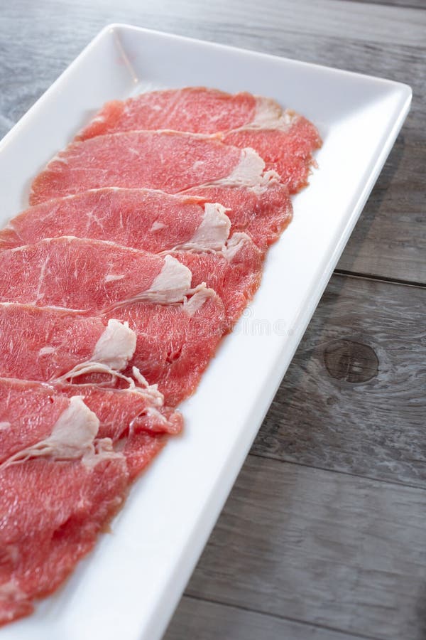Plate of Raw Meat Slices of Ribeye Stock Image - Image of side, slice ...