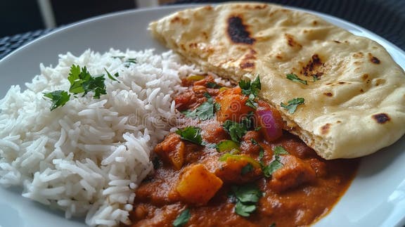 A Plate of Rice, Curry, and Flatbread Stock Illustration - Illustration ...