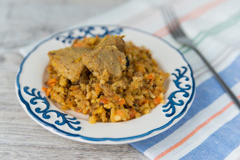 Plate of Rice and Meat Dish Pilau Stock Photo - Image of eastern ...