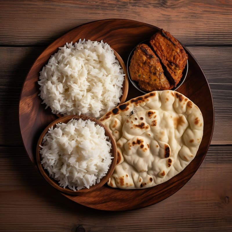 Plate of Rice and Naan Bread on Wooden Background. Generative AI Stock ...