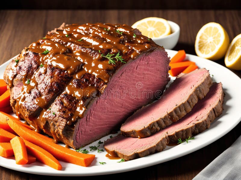 A Plate of Roast Beef with Carrots and Potatoes on the Side. Stock ...