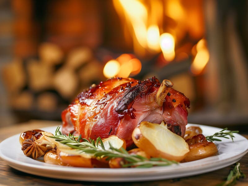 A Plate of Roast Meat on the Table and a Fireplace in the Background ...