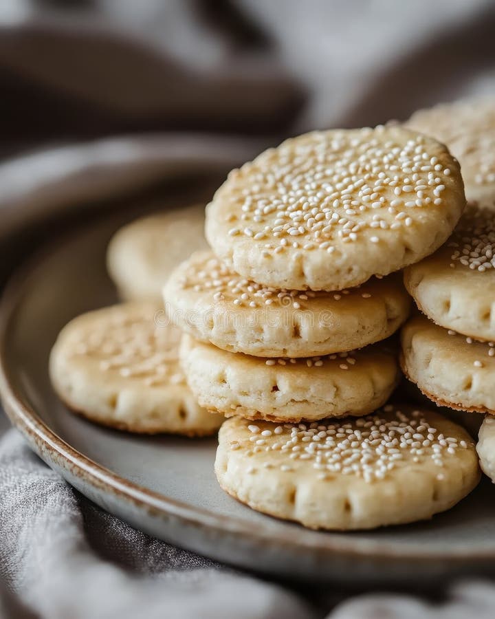 A Plate of Round, Sesame-topped Cookies Stacked on a Soft, Textured ...