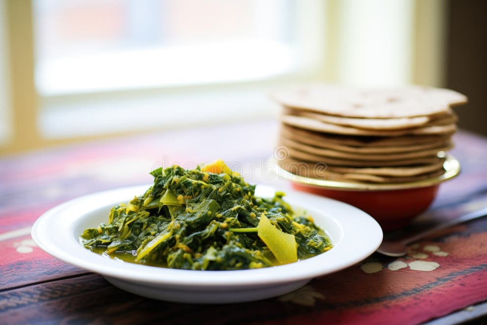 Plate of Saag Aloo beside a Stack of Chapatis Stock Illustration ...