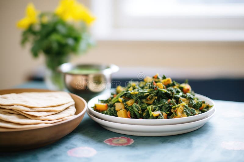 Plate of Saag Aloo beside a Stack of Chapatis Stock Illustration ...