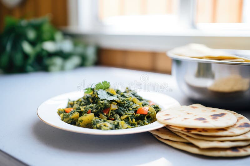 Plate of Saag Aloo beside a Stack of Chapatis Stock Illustration ...