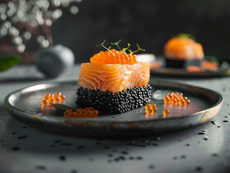 A Plate with Salmon and Caviar on it Stock Photo - Image of plate ...