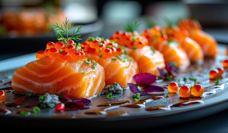 A Plate of Salmon with Garnish and a Black Background Stock Photo ...