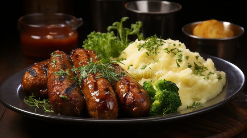 A Plate of Sausages and Mashed Potatoes Close-up. Generative AI. Stock ...