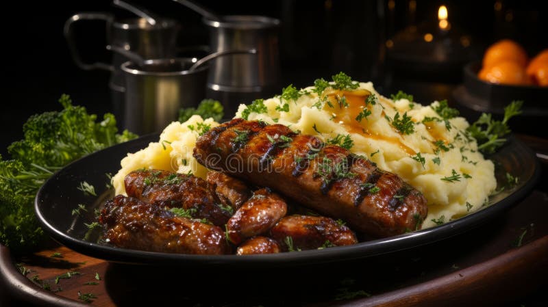 A Plate of Sausages and Mashed Potatoes. Generative AI. Stock ...