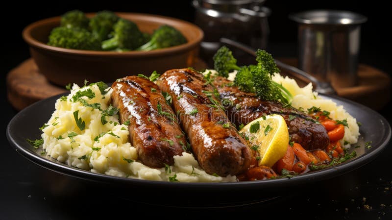 A Plate of Sausages and Mashed Potatoes. Generative AI. Stock ...