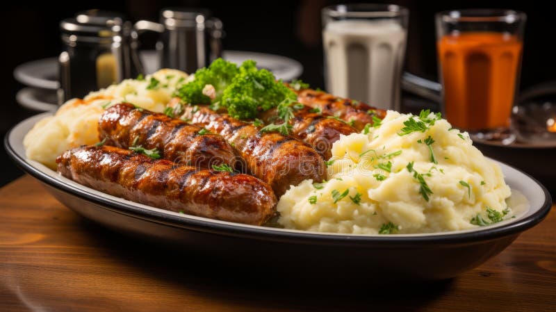 A Plate of Sausages and Mashed Potatoes. Generative AI. Stock ...