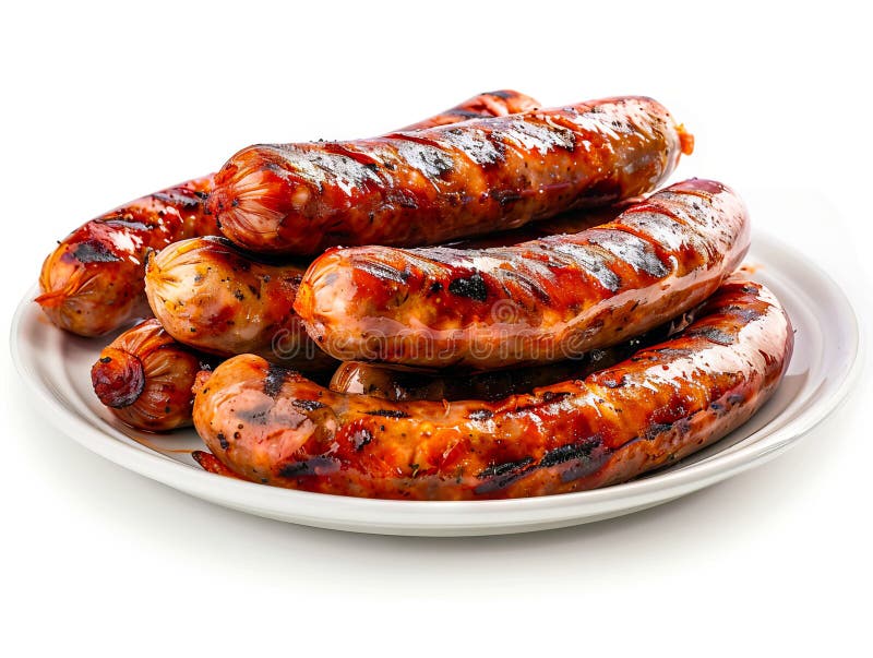 A Plate of Sausages on a White Background Stock Photo - Image of ...