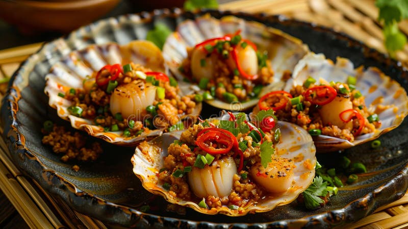 A Plate of Scallops on a Black Plate with a Bowl of Sauce in the ...