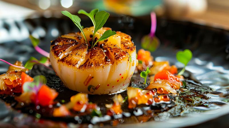 A Plate of Scallops on a Black Plate with Vegetables on it Stock Image ...
