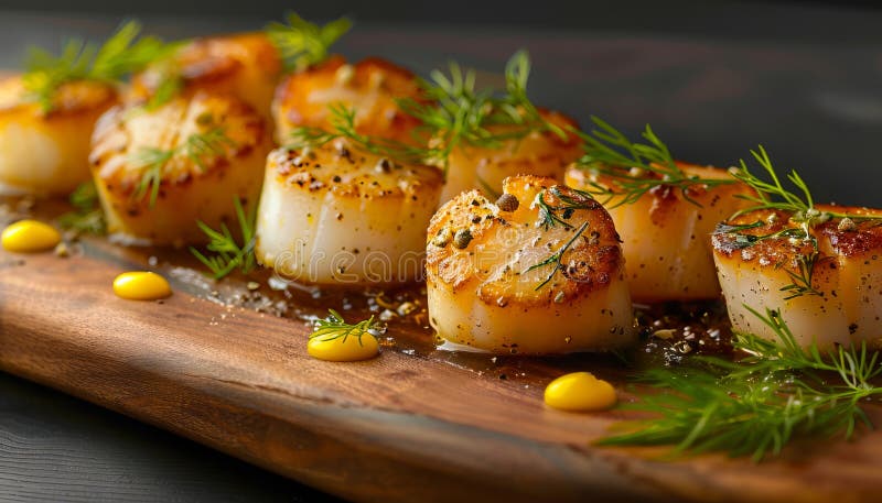 A Plate of Scallops with Dill and Mustard Stock Image - Image of plate ...