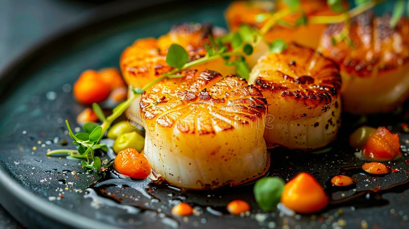 A Plate of Scallops with Herbs and Vegetables Stock Photo - Image of ...