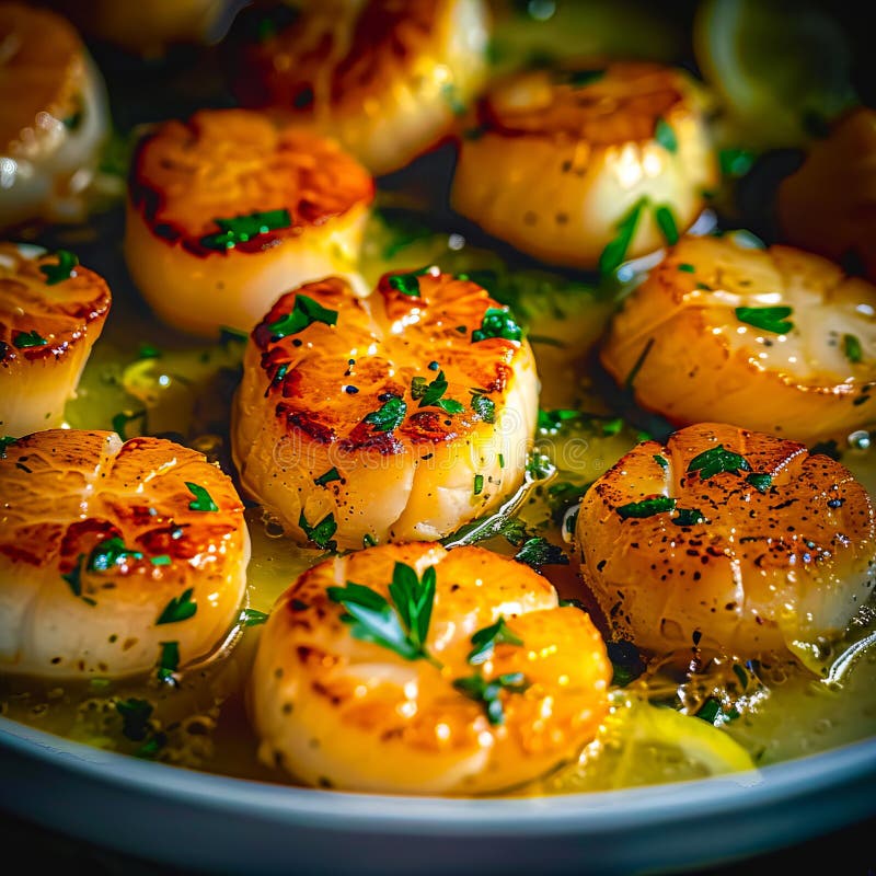 A Plate of Scallops with Lemon and Herbs Stock Photo - Image of herb ...