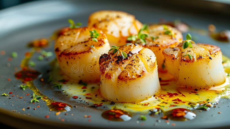 A Plate of Scallops with Sauce and Herbs Stock Image - Image of sauce ...