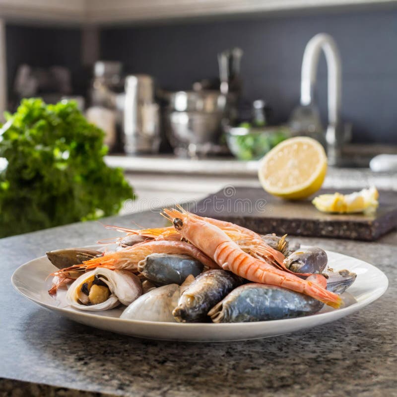 Plate of Various Sea Foods on a Kitchen Table - Generated Using AI ...