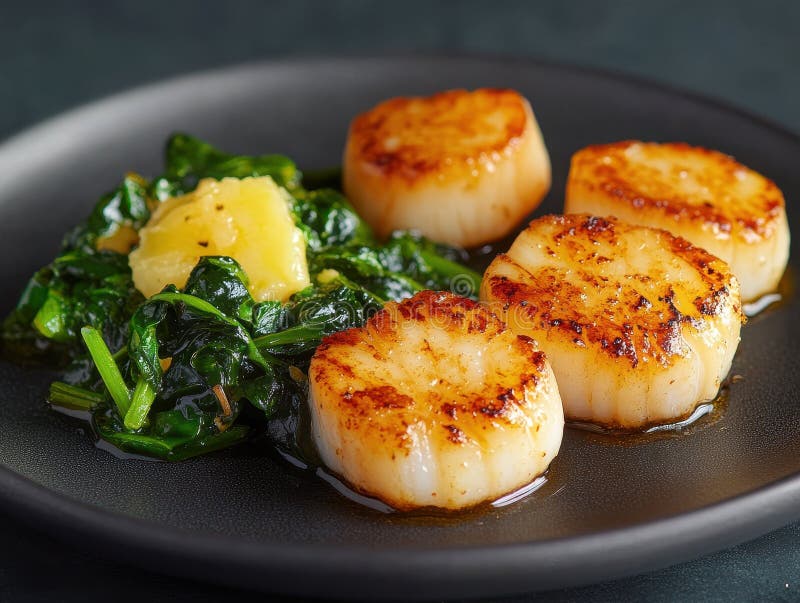 A Plate of Seared Scallops Served with Saut?ed Spinach and Pineapple ...