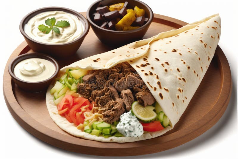 Plate of Shawarma, with Wrap and Toppings in View Stock Photo - Image ...