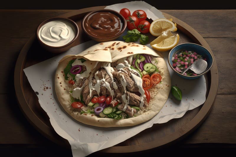 Plate of Shawarma, with Wrap and Toppings in View Stock Illustration ...