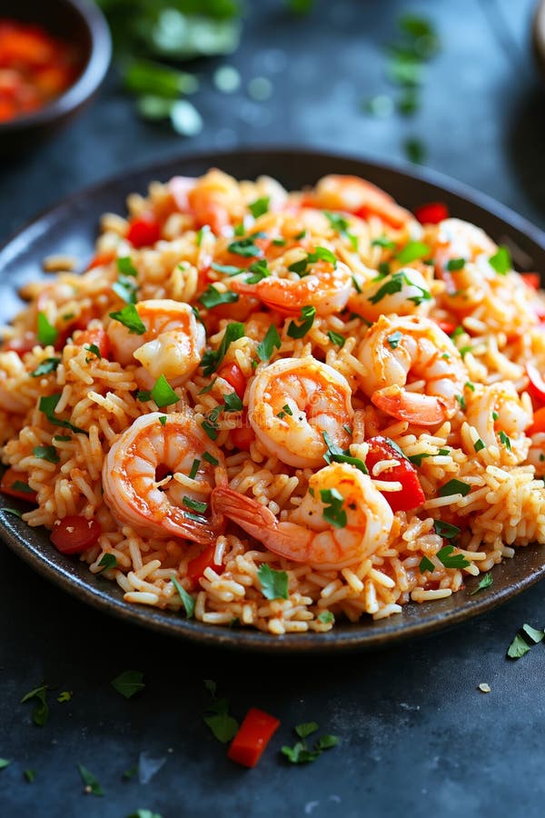 A Plate of Shrimp and Rice with a Bowl of Salsa in the Background Stock ...