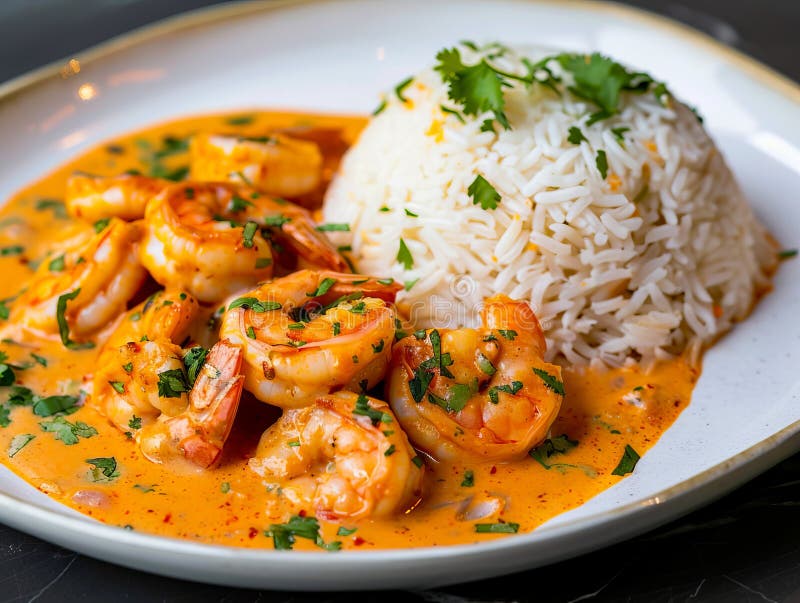 A Plate of Shrimp and Rice with a Sauce Stock Image - Image of steamed ...