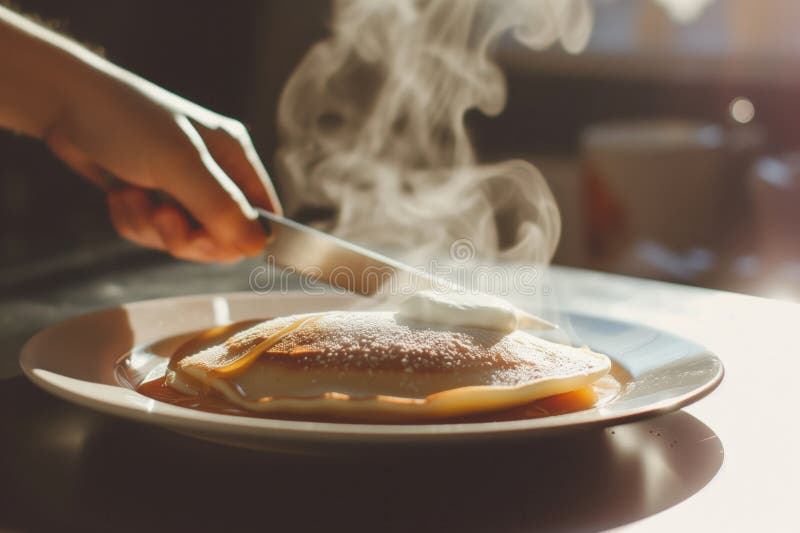 Plate with a Single Pancake, Person Cutting it, Steam Rising Stock ...