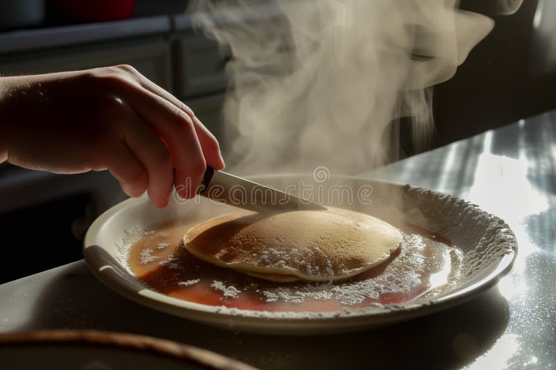 Plate with a Single Pancake, Person Cutting it, Steam Rising Stock ...