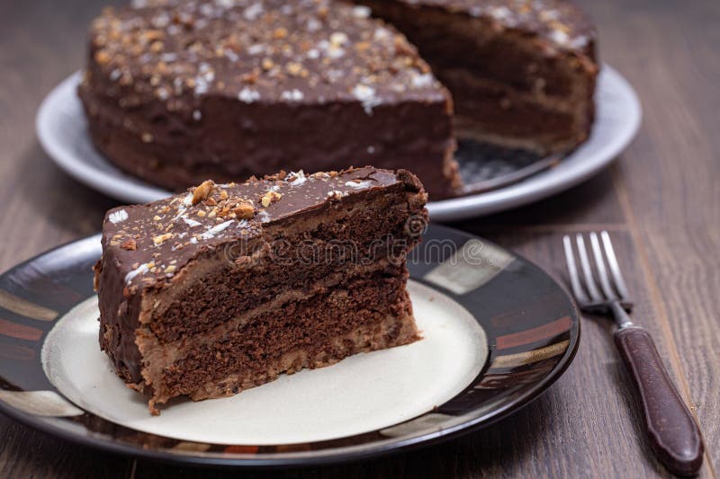 Plate with Slice of Tasty Homemade Chocolate Cake on Table Stock Image ...