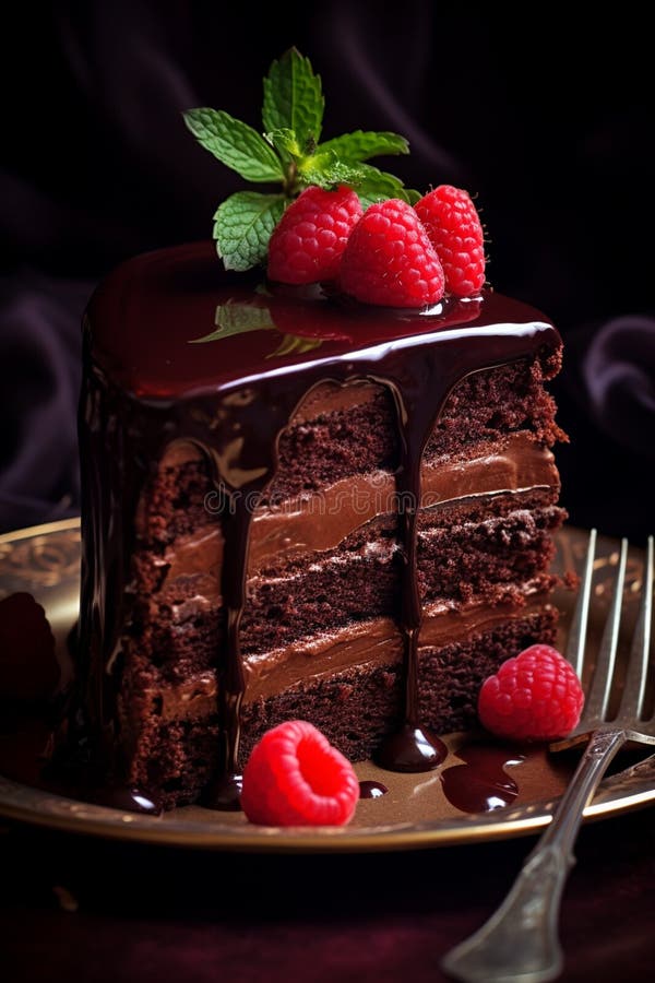 Plate with Slice of Tasty Homemade Chocolate Cake on Table Stock Photo ...
