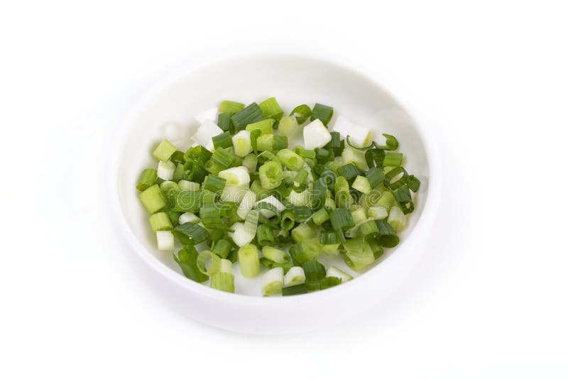 Plate of Sliced Green Scallions Isolated on a White Background Stock ...