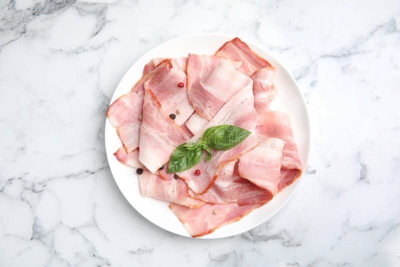 Plate of Sliced Raw Bacon on White Marble Table Stock Photo - Image of ...