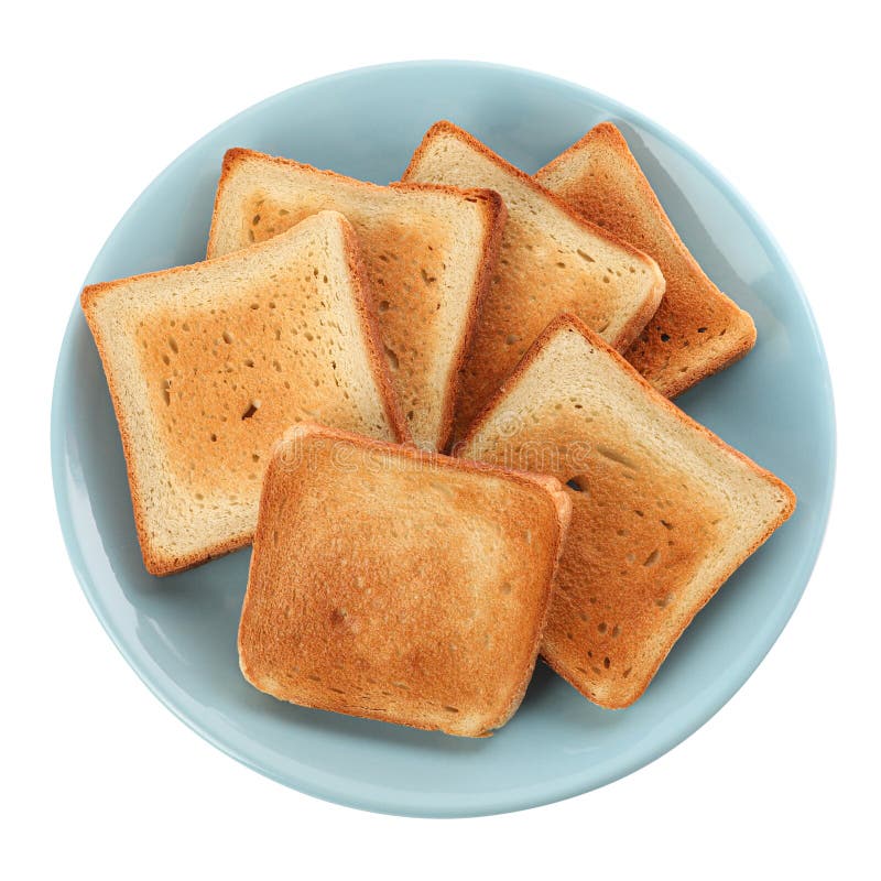Plate with Slices of Delicious Toasted Bread on White Background, Top ...