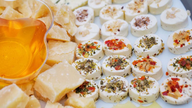 Plate of Snacks with Assorted Cheese and Honey Dish. View from Above ...
