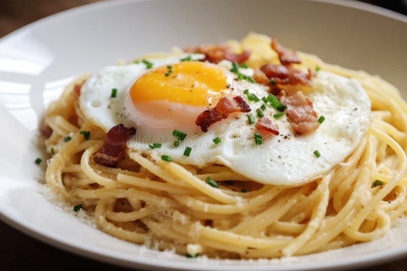 Plate Of Spaghetti Carbonara Topped With Crispy Bacon And Eggs Stock