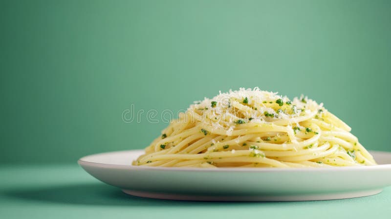 Plate of Spaghetti with Cheese and Herbs on Green Background. Stock ...