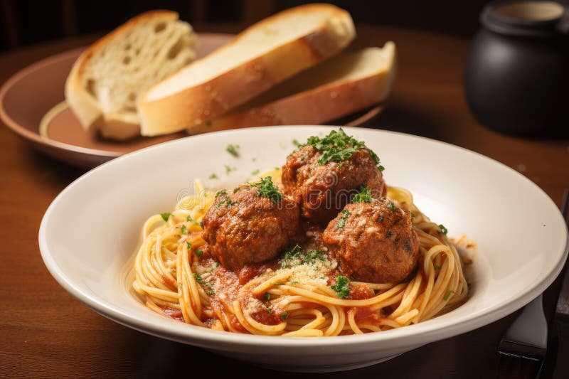 Plate of Spaghetti and Meatballs with Side of Garlic Bread Stock ...