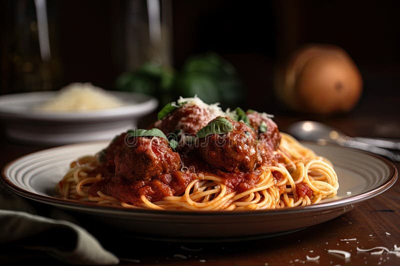 Plate of Spaghetti and Meatballs in Warm, Cozy Setting Stock ...