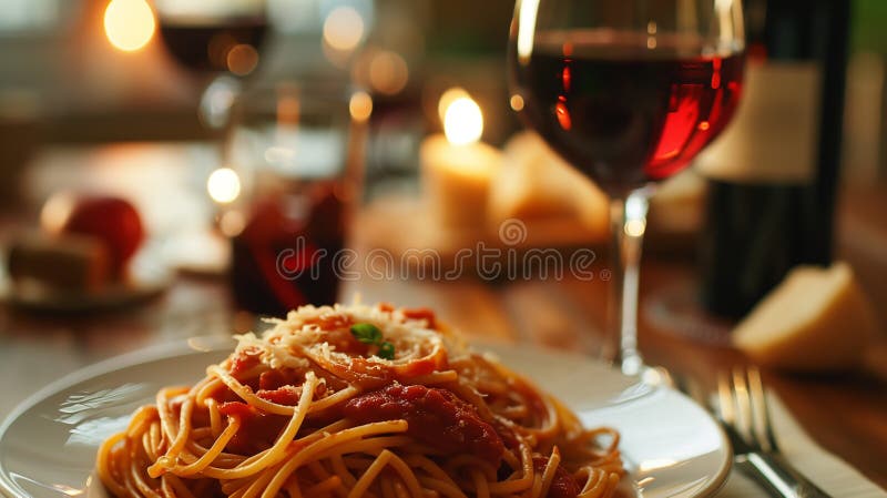 A Plate of Spaghetti with Red Sauce and a Glass of Red Wine Stock ...