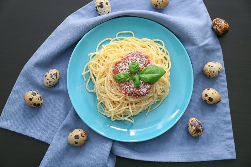 Plate with Spaghetti and Sauce on Table. Delicious Pasta Recipes Stock ...