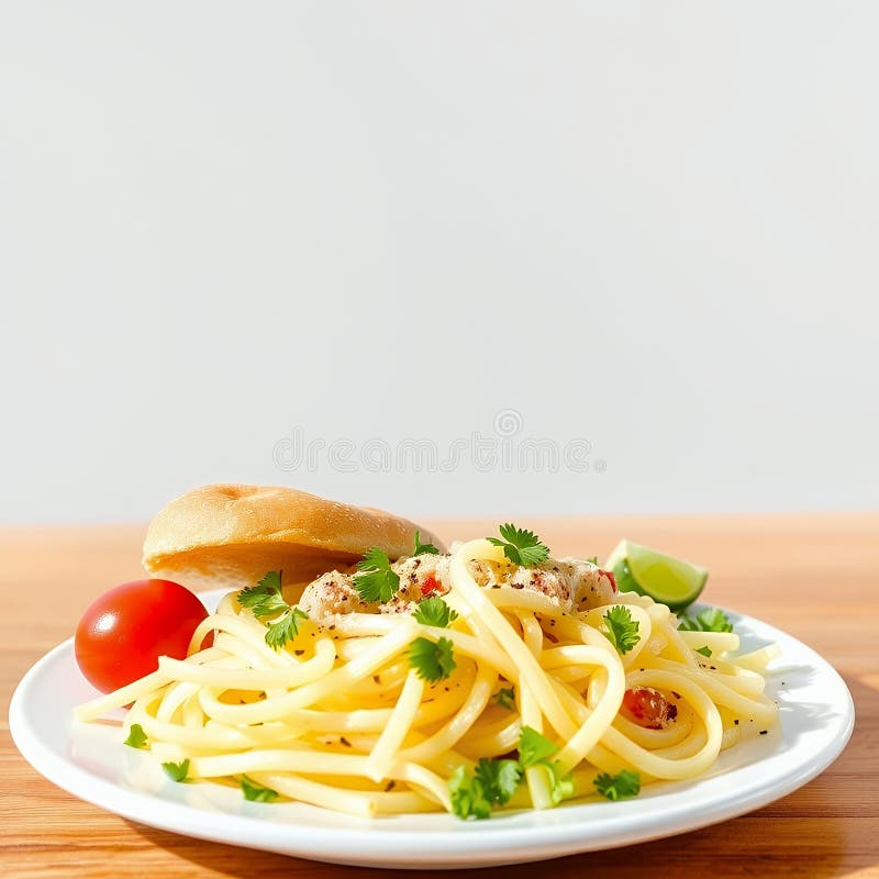 A Plate of Spaghetti with a Side of Bread and Tomato Stock Illustration ...