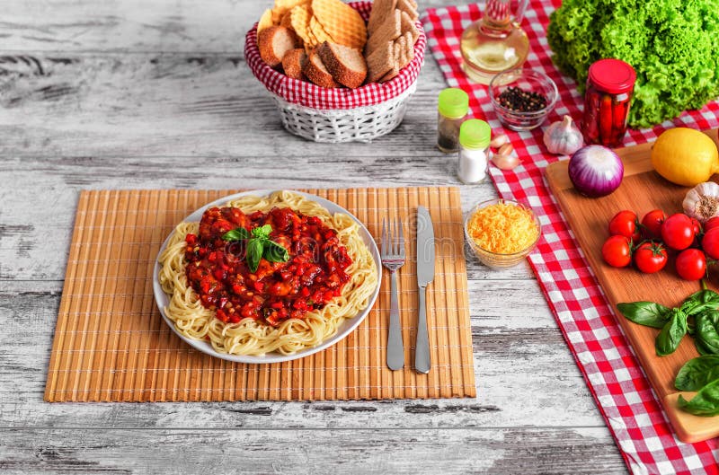 Serving Of Italian Spaghetti On Wood Table Stock Image - Image of meal ...
