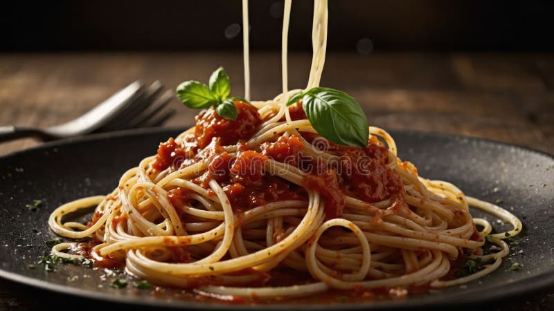 A Plate of Spaghetti with Tomato Sauce and Basil, Elegantly Presented ...