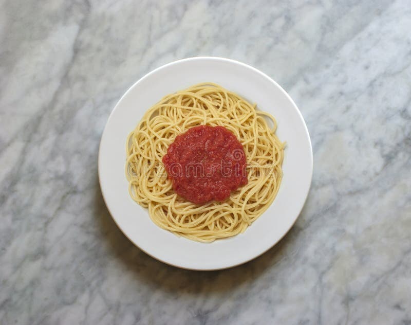 Plate of Spaghetti with Tomato Sauce Viewed from Above on a Marble ...