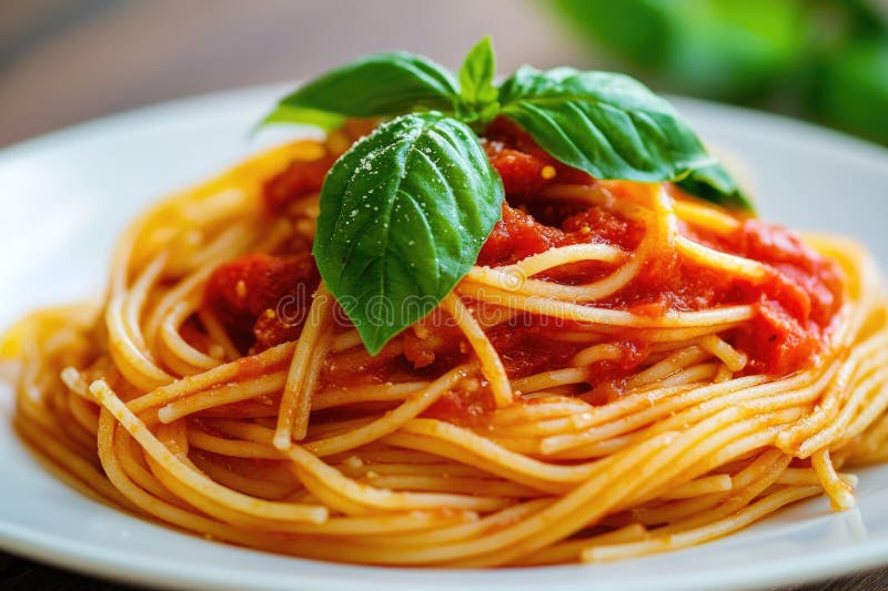 A Plate of Spaghetti Topped with a Single Basil Leaf Stock Photo ...