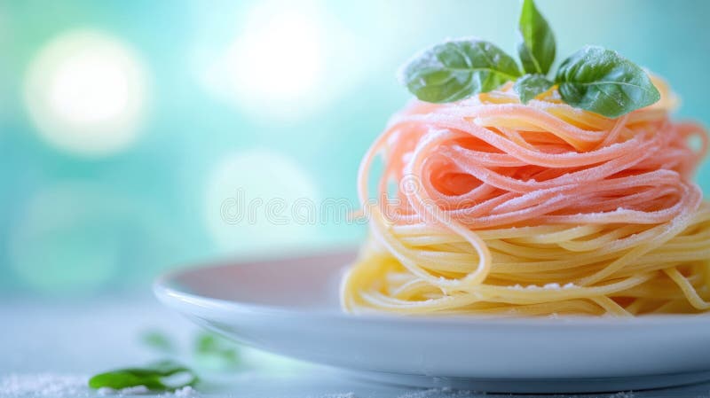 A Plate of Spaghetti Topped with a Single Green Leaf. Stock Photo ...