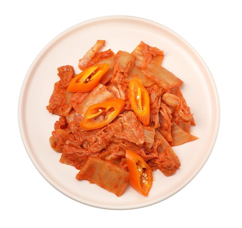 Plate of Spicy Cabbage Kimchi with Chili Pepper Isolated on White, Top ...